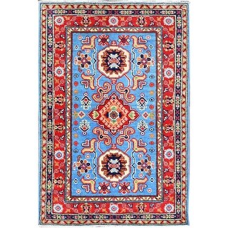 Shahbanu Rugs Maya Blue and Chilli Red Hand Knotted Veggie Dyes Dense Weave Kazak with Large ...